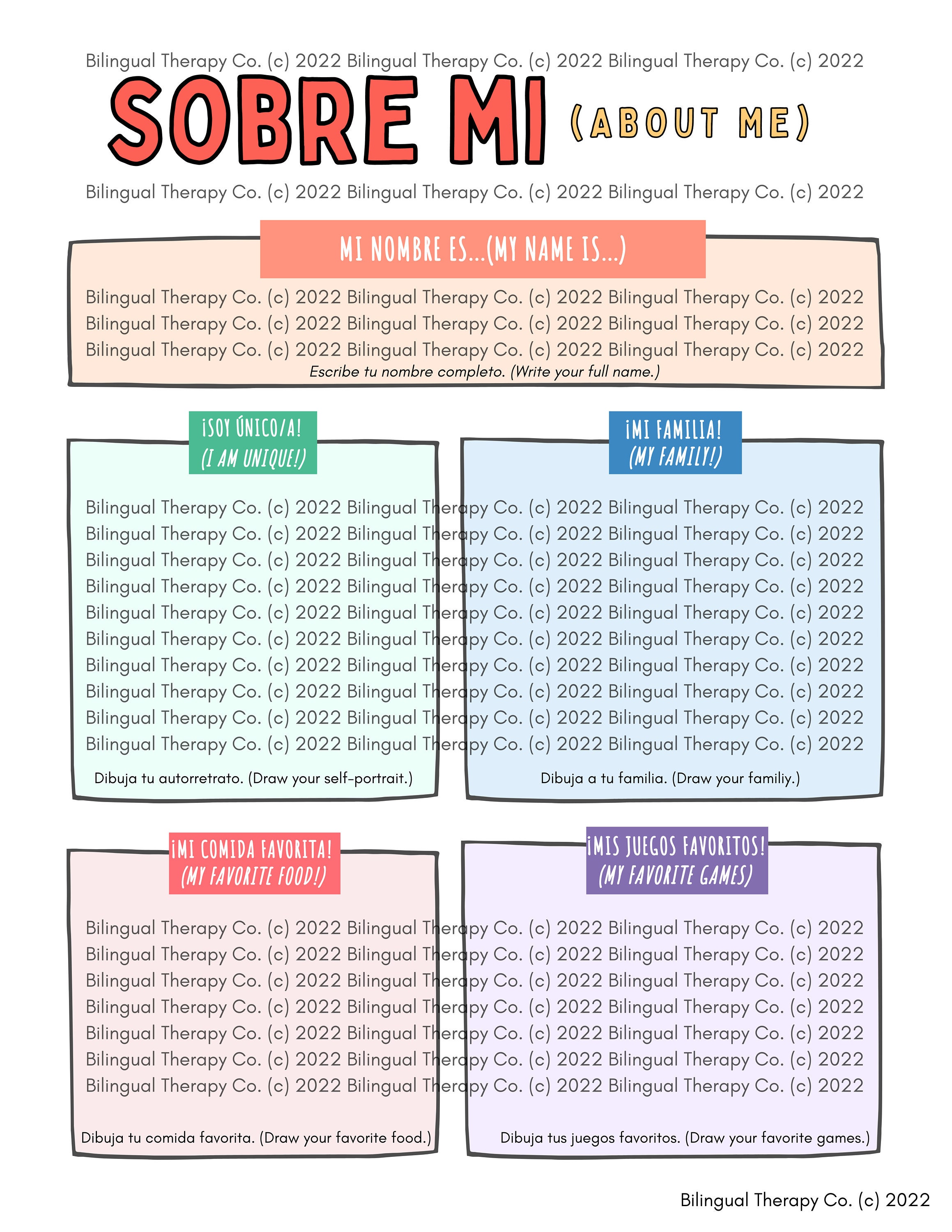 Bilingual About Me Worksheet for Kids | English and Spanish | Therapy ...