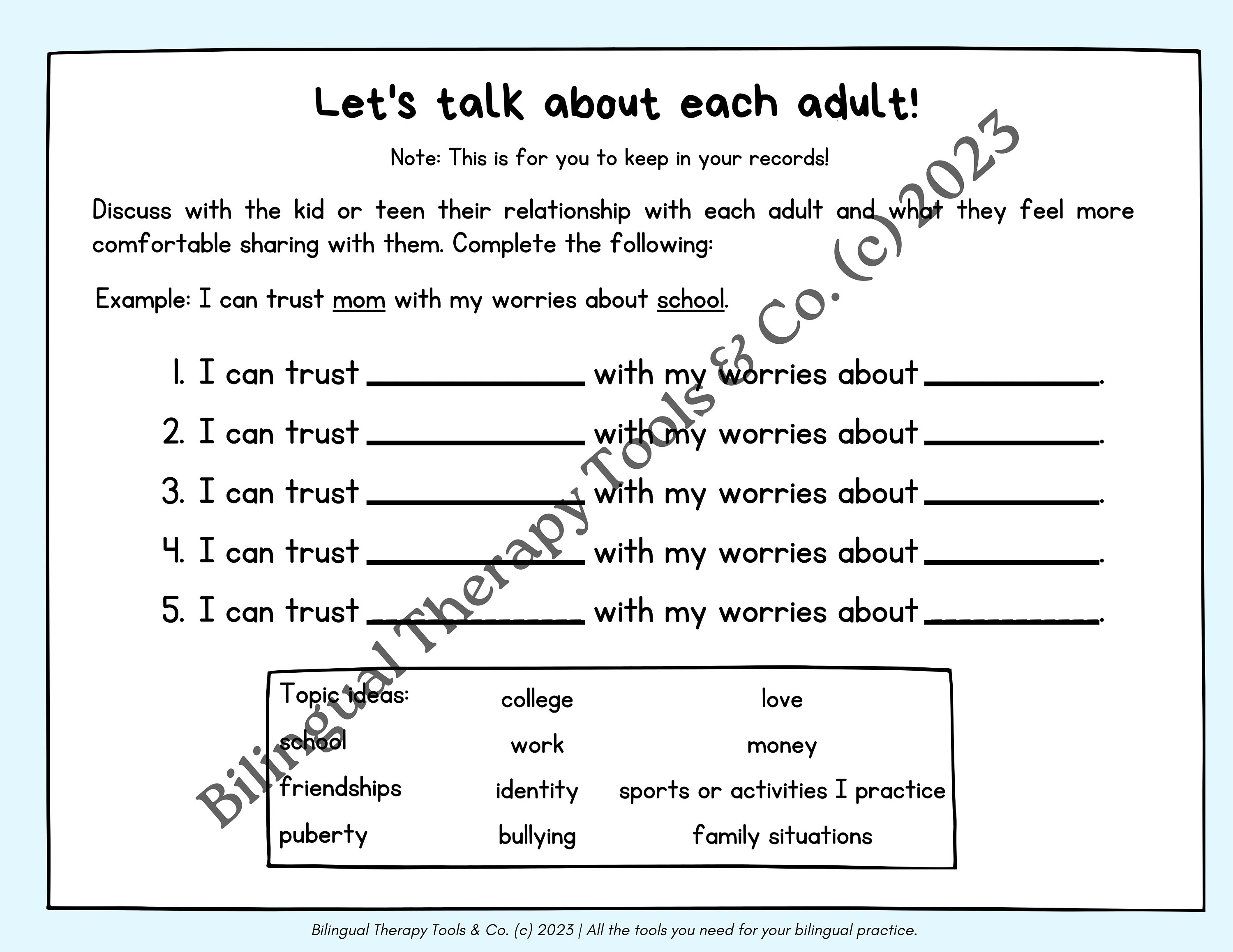 Bilingual "my Trusted Adults..." Worksheet for Kids Andteens | English ...