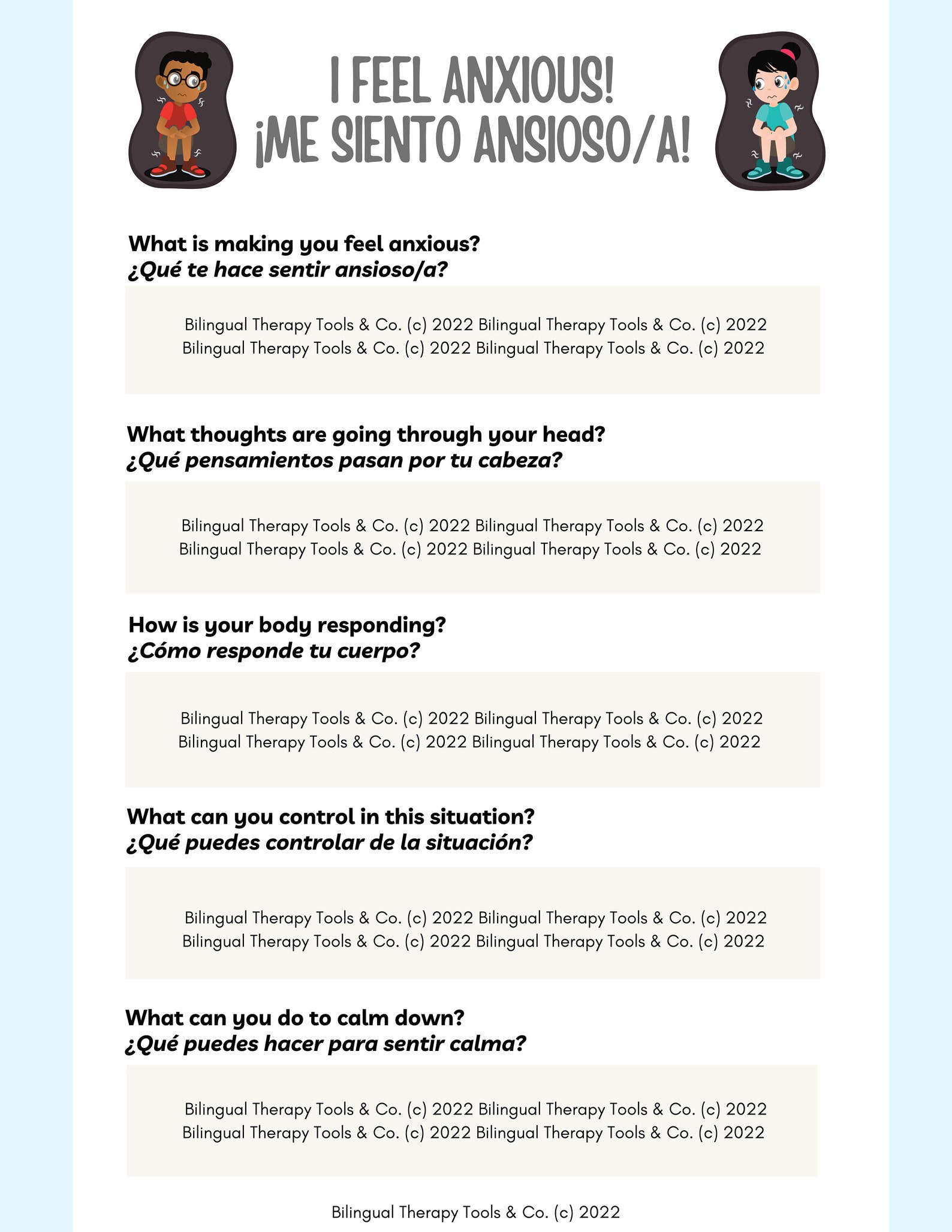 Bilingual "i Feel Anxious!" Worksheet for Teens | English and Spanish ...