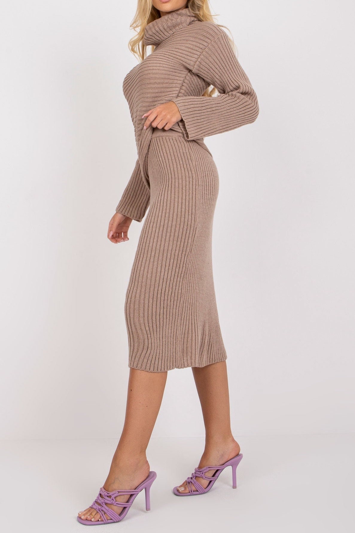 Two-piece Ribbed Knit Set With Midi Skirt and Turtleneck - Etsy