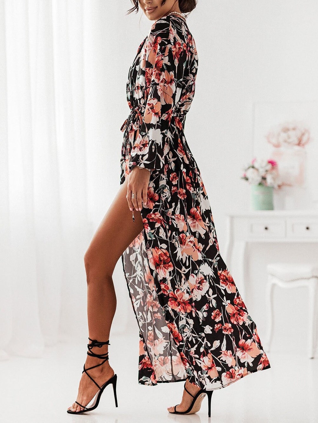 Long Sleeve Floral Maxi Dress Leg Slit - Etsy