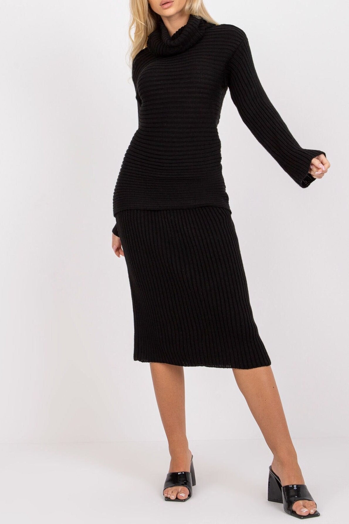Two-piece Ribbed Knit Set With Midi Skirt and Turtleneck - Etsy