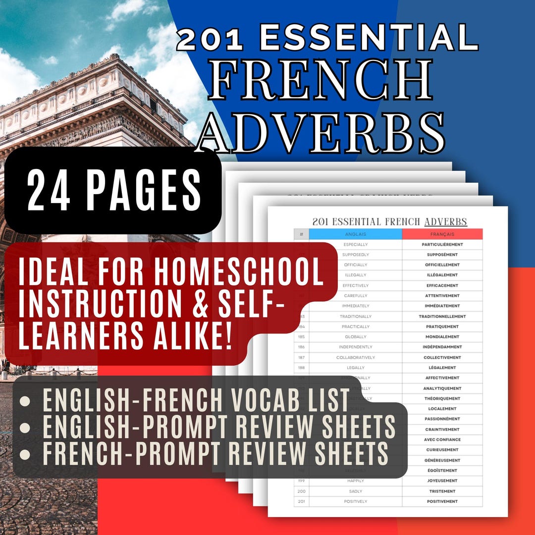Learn French 201 Essential ADVERBS Homeschool Vocabulary & Worksheets ...