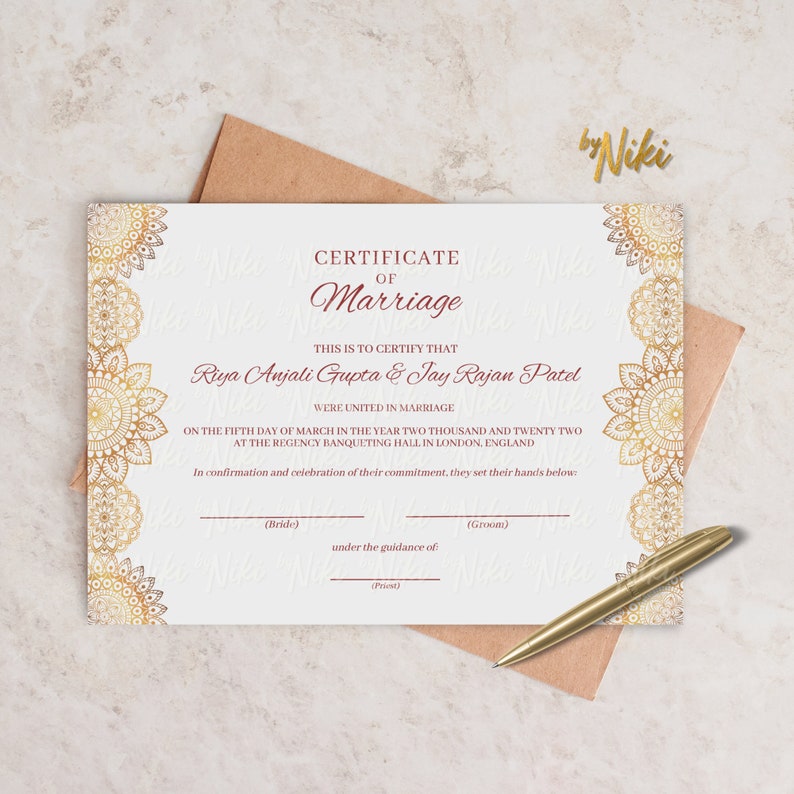 Indian Wedding Certificate | Personalised Certificate of Marriage ...