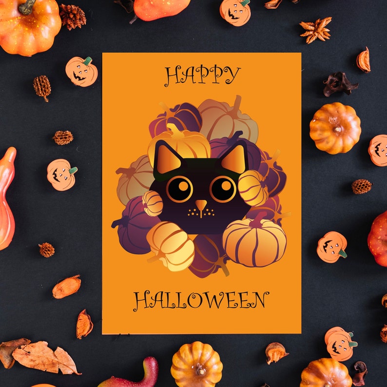 Halloween Digital Cards Printable Spooky Cards Cute Cat and - Etsy