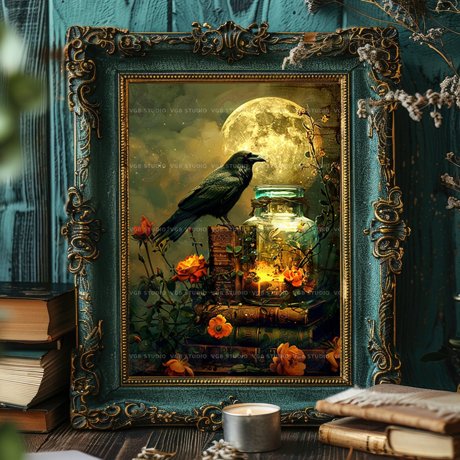 Raven and Moon Art Print Witchy Dark Academia Wall Decor Crow on Books ...