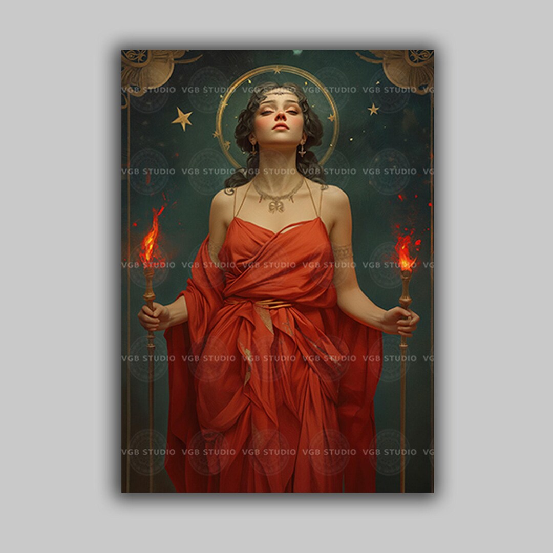 Hecate Goddess Art Print | Red Dress Fire Torches Gold Halo Art Deco ...