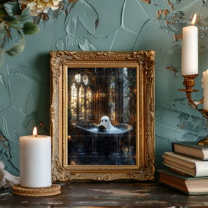Cute Ghost Reading in Bathtub Print Gothic Bathroom Wall Art Spooky ...