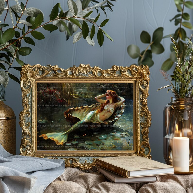 Mermaid in Shell Art Print | Green Gold Tail Flower Crown Classical ...