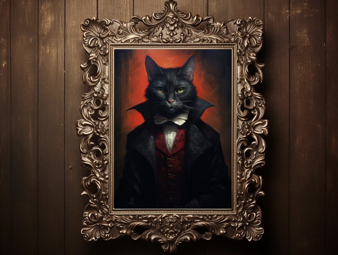 Gothic Black Cat Vampire Halloween Artwork, Gothic Medieval Portrait ...