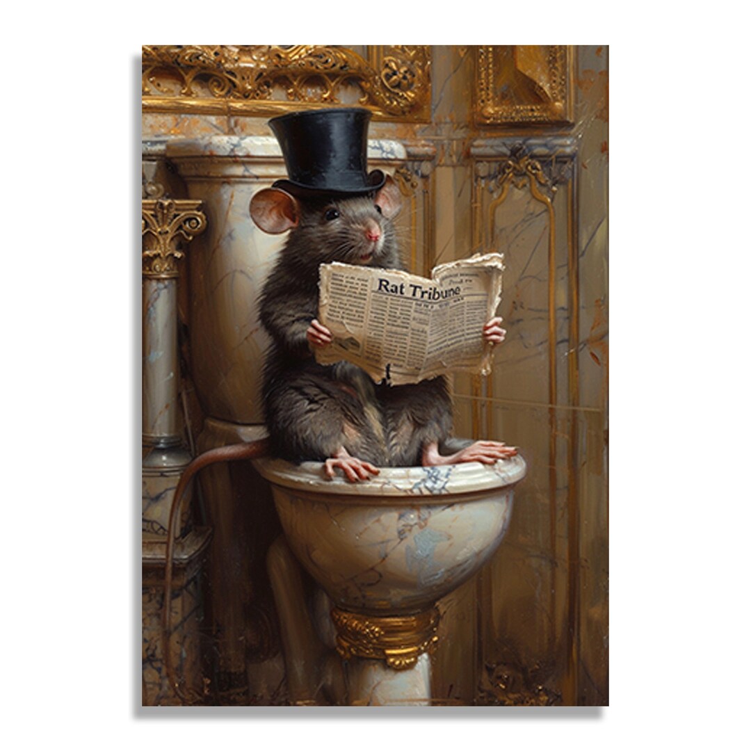Mouse Rat Gentleman Reading Newspaper on Royal Toilet Whimsical Fine ...
