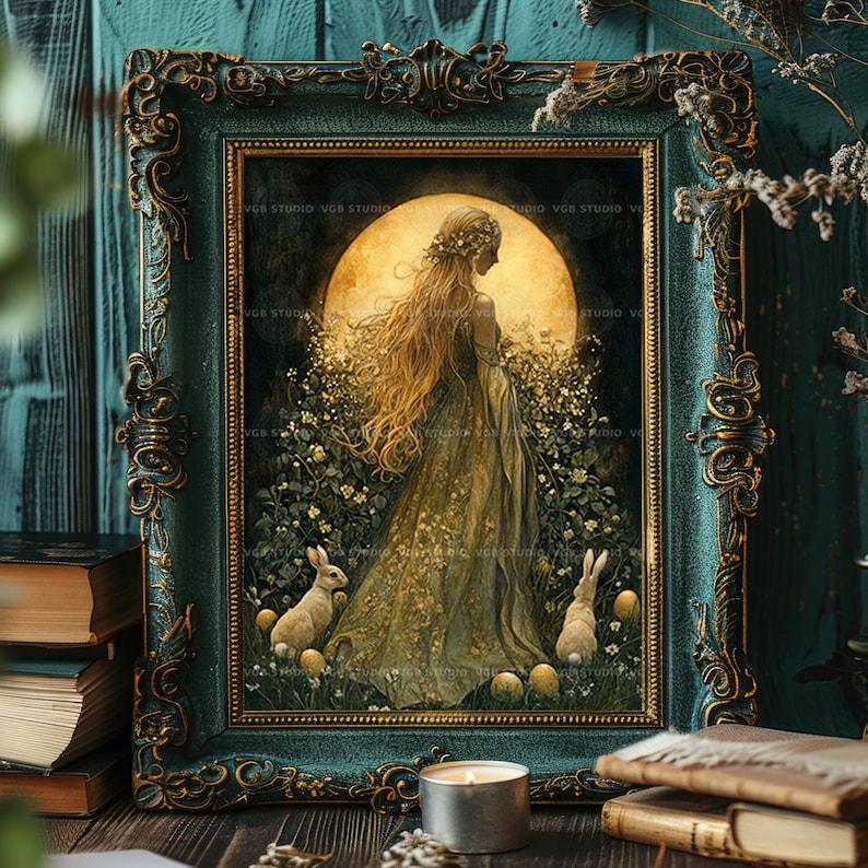 Ostara Art Print Spring Goddess Pagan Decor Hare and Moon Fantasy ...
