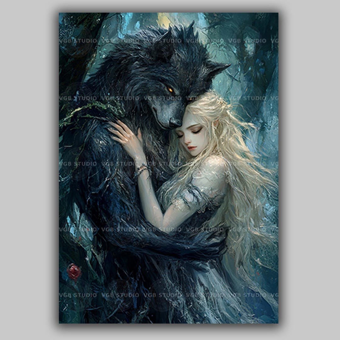 Werewolf and Elf Girl Art Print Romantic Fantasy Creature Wall Decor ...