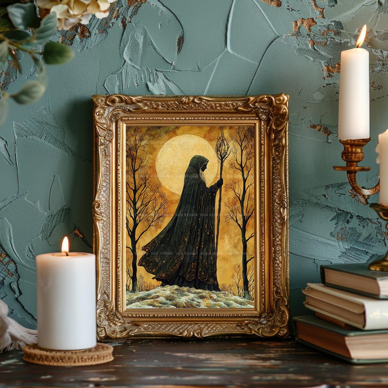 Cailleach Art Print | Celtic Winter Goddess Staff Snow Moon Trees ...