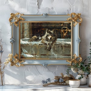 Wolf Bath Victorian Bathtub, Canine Bathroom Whimsical Fine Art Print ...