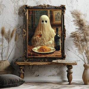 Ghost Dining With Wine and Pasta Art Print, Whimsical Haunted Dinner ...