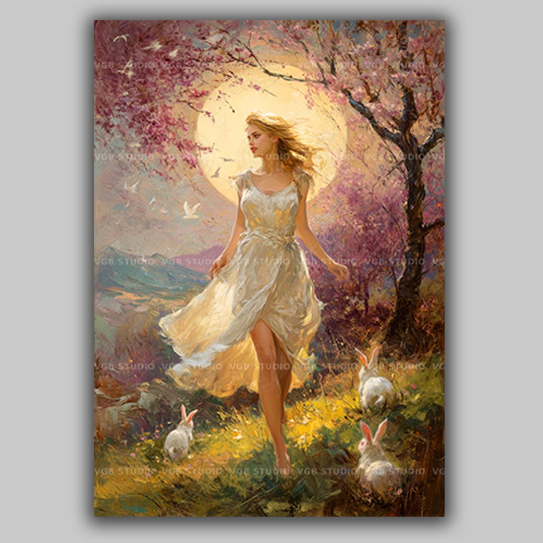 Spring Goddess With Rabbits and Blossoms, Ostara Celebration Art Print ...