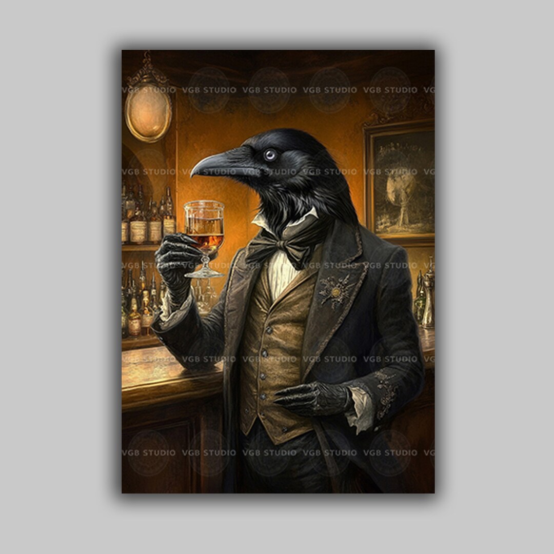 Raven Gentleman Art Print Victorian Crow With Whiskey Gothic Animal Bar ...
