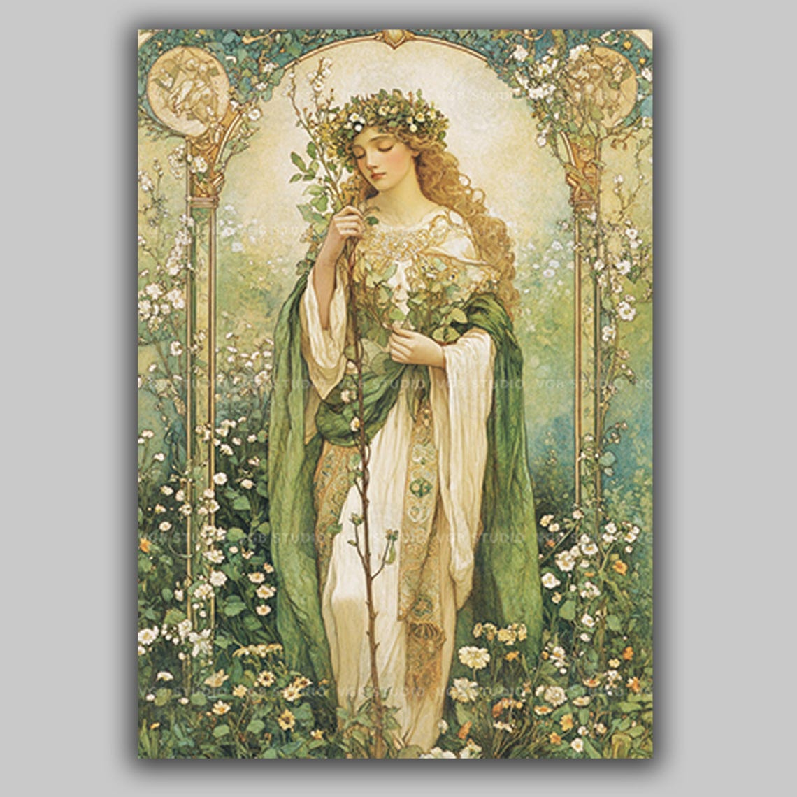 Thallo Flora Greek Goddess Art Nouveau Print Spring Flower Wall Decor ...