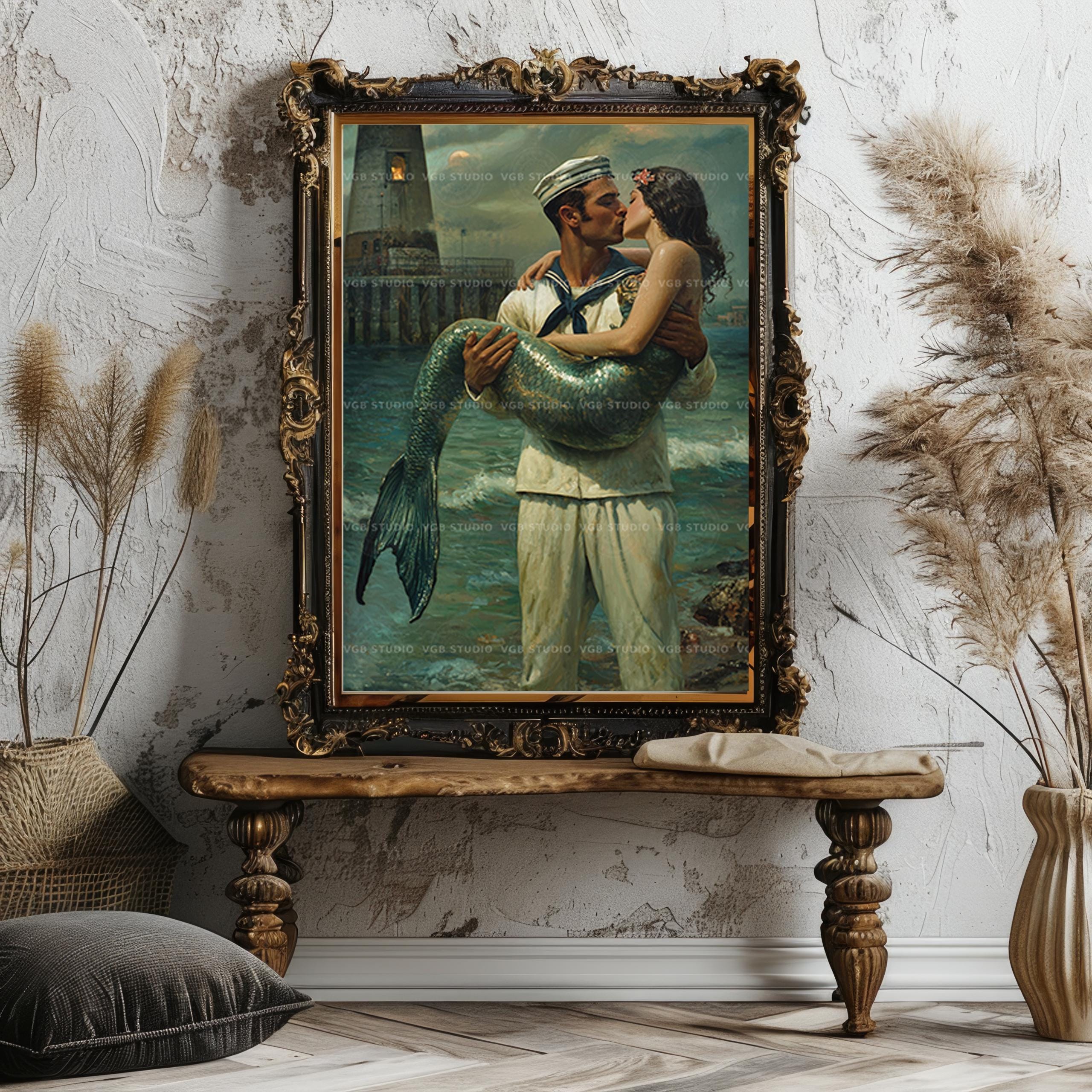 Sailor Mermaid Art Print Romantic Nautical Wall Decor Ocean Fantasy ...