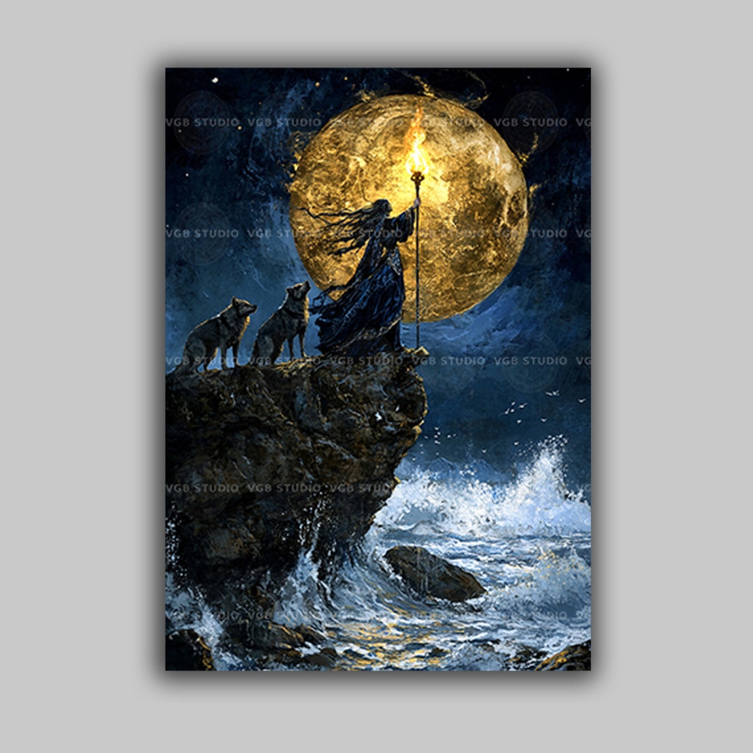 Hecate Greek Moon Goddess Painting, Hekate Wicca Deity Holding Torches ...