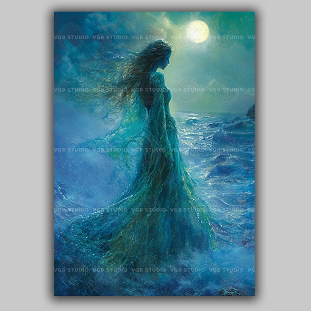 Moonlit Celtic Sea Goddess Fand in Ocean Art Print, Mystical Deity Wall ...