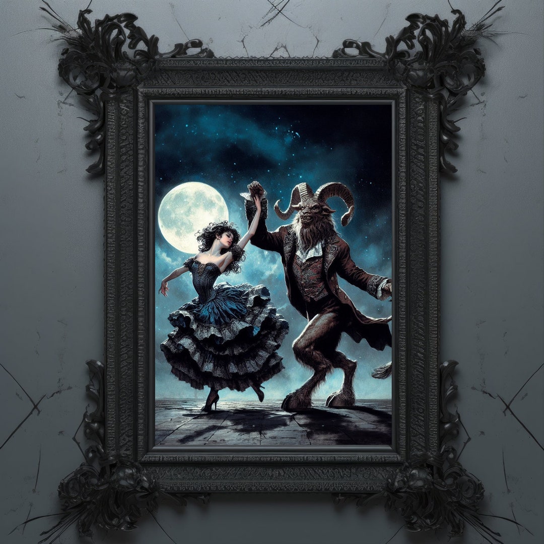 Woman Dancing With Satyr Under Moon Light Satanic Vintage Painting, Art ...
