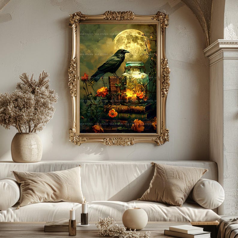 Raven and Moon Art Print Witchy Dark Academia Wall Decor Crow on Books ...