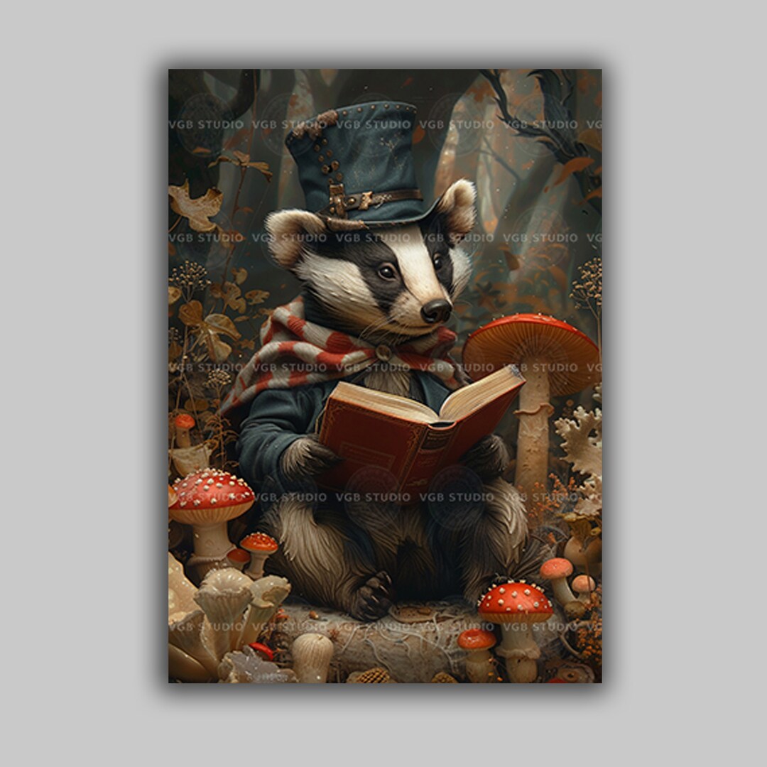 Top Hat Badger Reading Book Fantasy Forest, Bathroom Whimsical Fine Art ...