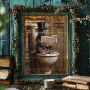 Mouse Rat Gentleman Reading Newspaper on Royal Toilet Whimsical Fine ...