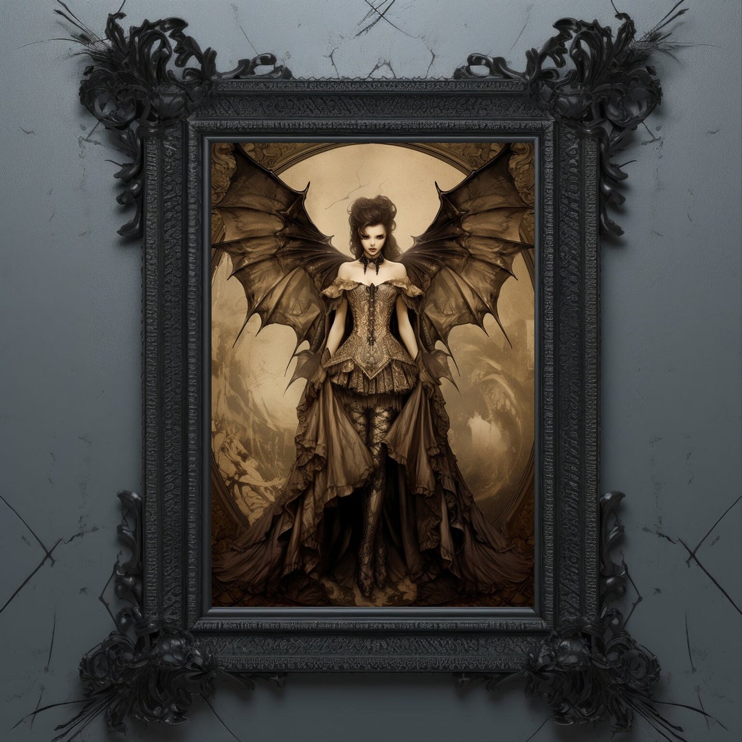 Bat Woman Gothic Illustration Print Victorian Vampire Woman Moody Wall Art, Vintage Print, Dark ...