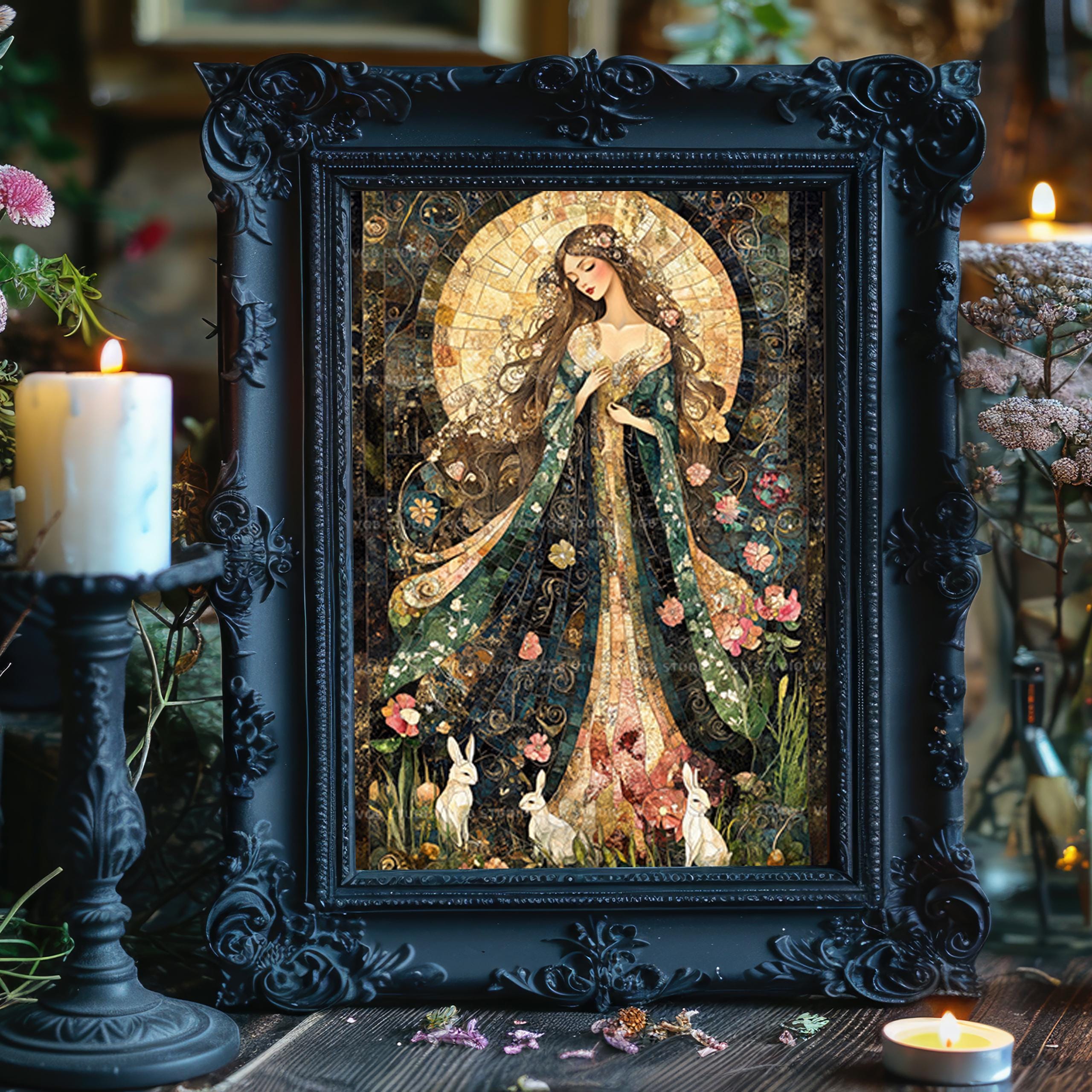 Ostara Art Print | Spring Goddess With Rabbits Flowers Mosaic Style ...