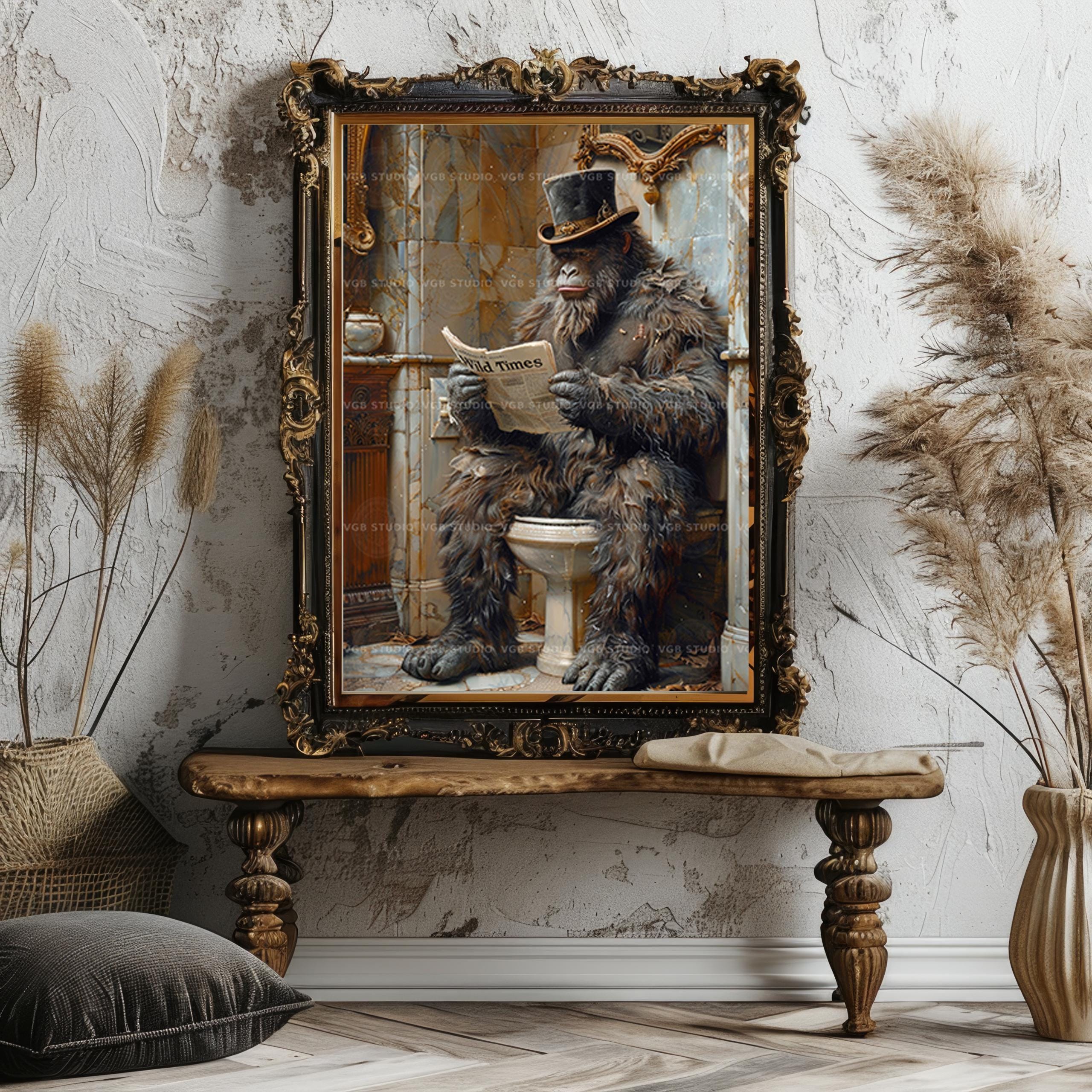 Bigfoot Reading Newspaper on Toilet Print, Sasquatch Top Hat Gentleman ...