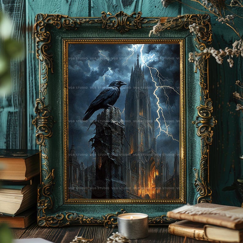 Raven Art Print Gothic Cathedral Lightning Crow Stormy Night Dark ...