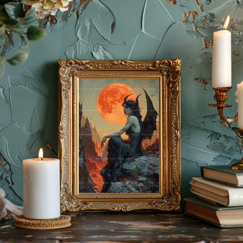 Lilith Art Print | Demon Woman With Horns Wings Orange Moon Gothic ...