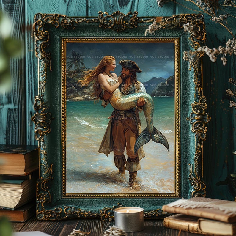 Pirate Carrying Mermaid Art Print Fantasy Ocean Romance Nautical Wall ...