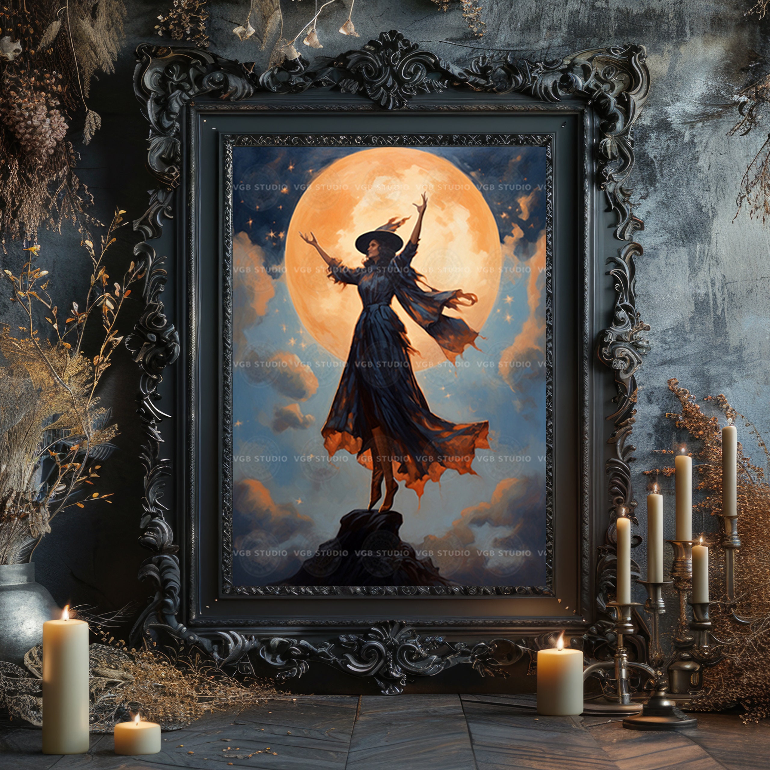 Witch Under Full Moon Art Print, Enchanting Night Sky Scene, Mystical ...