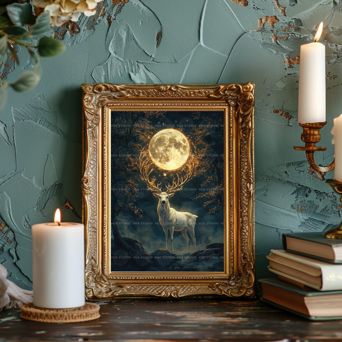 Celtic White Stag Art Print Mythical Deer Moonlit Forest Sacred Hunt ...