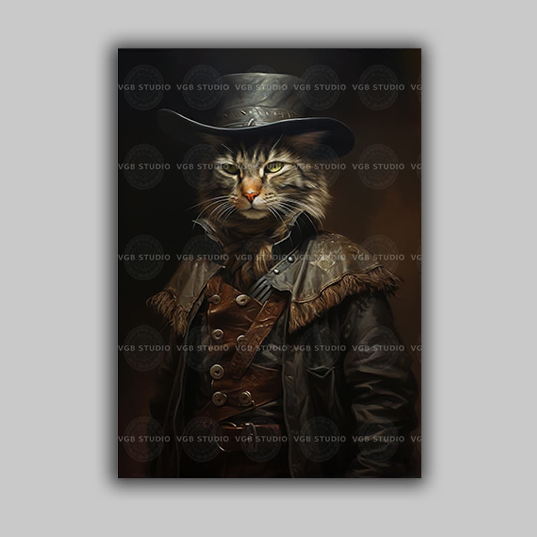 Cowboy Cat Print Wild West Portrait Funny Feline Art Tabby Sheriff ...