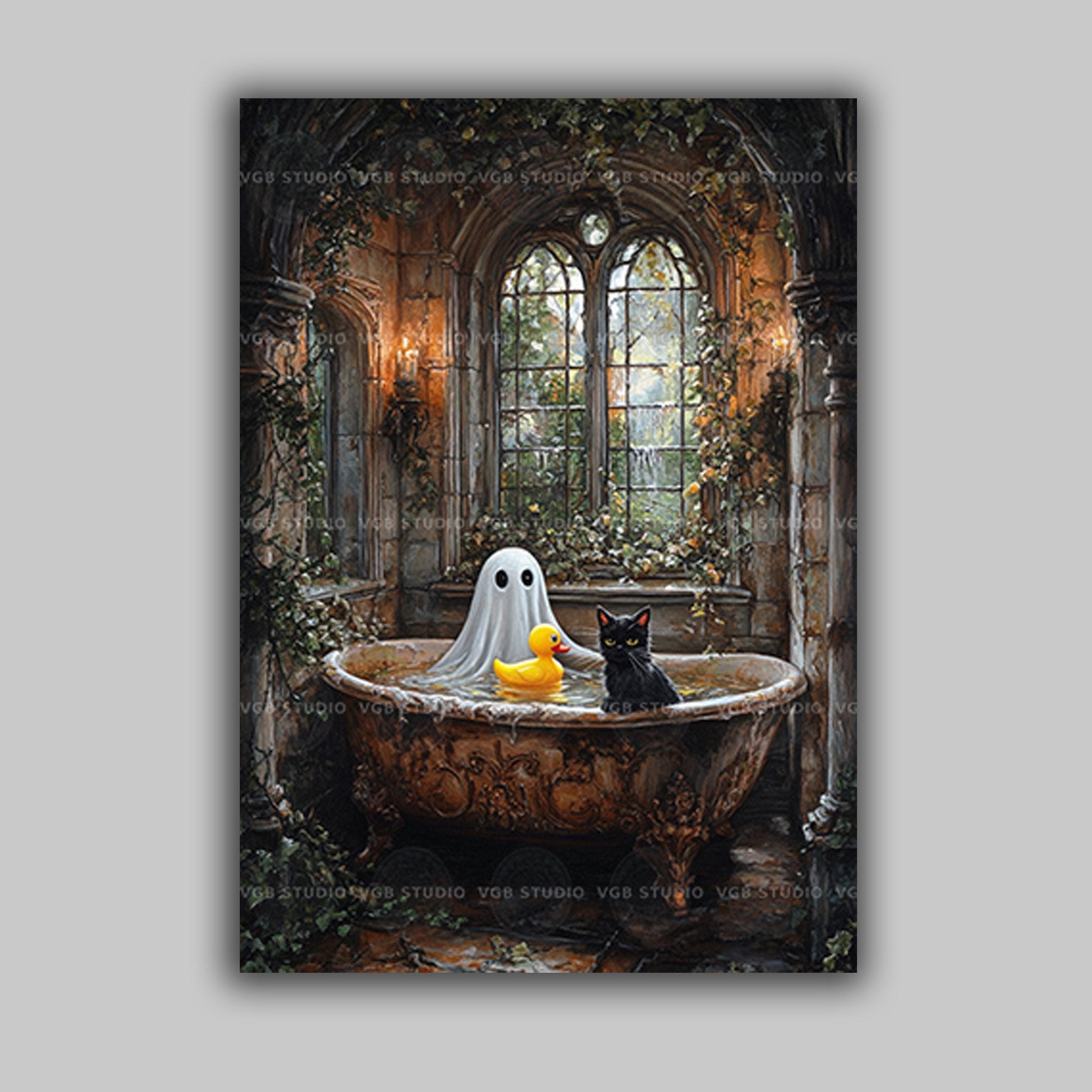 Ghost Gothic Bathtub Black Cat Rubber Duck Abandoned Castle Painting ...