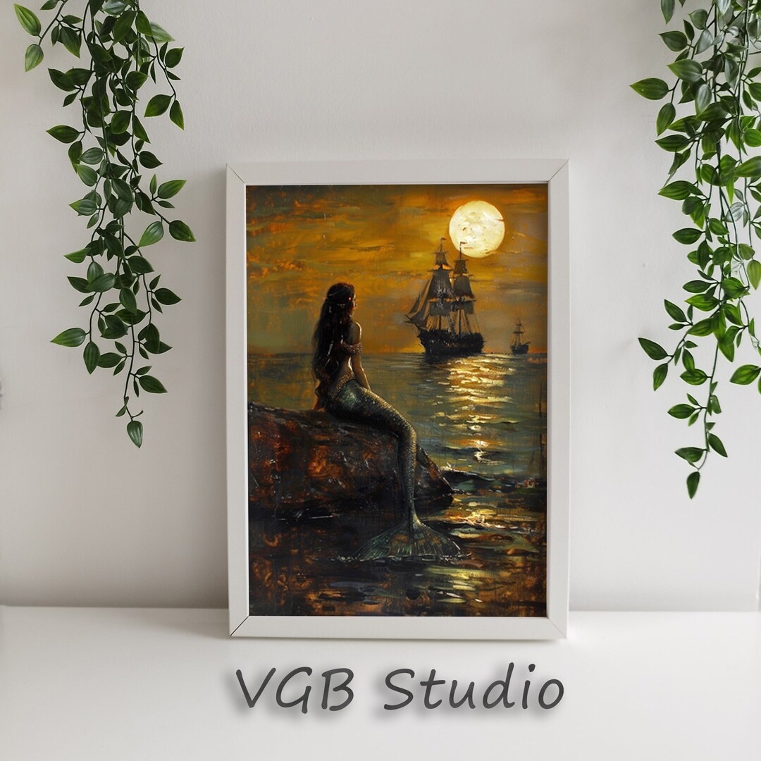 Beautiful Mermaid Contemplating Sunset Painting, Siren Vintage Art ...