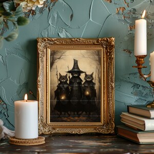 Black Cat Witch Coven Gothic Halloween Painting Baroque Poster, Art ...