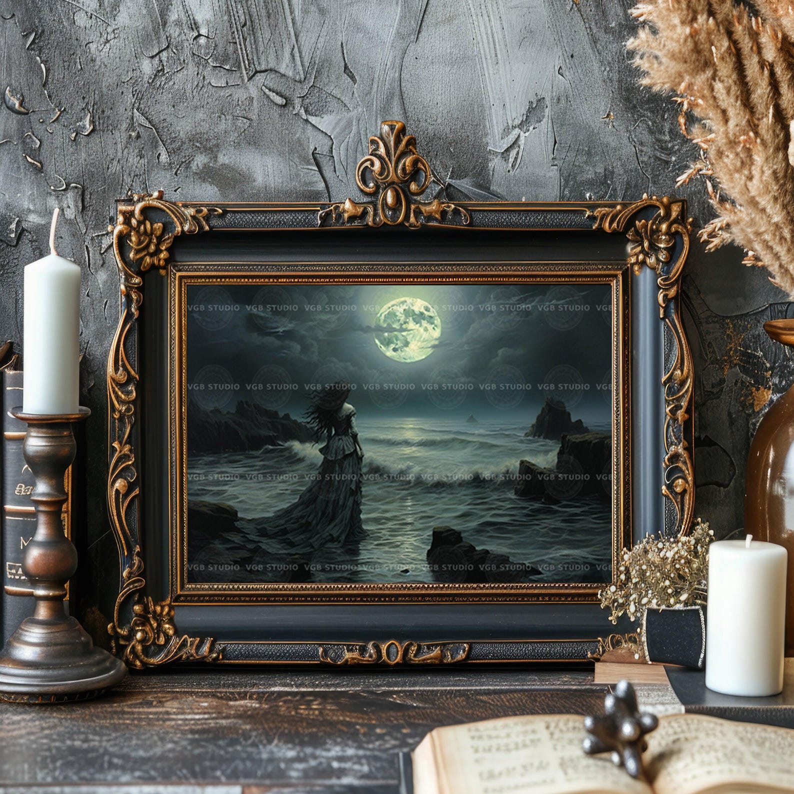 Beautiful Gothic Woman Full Moon Beach , Lunar Art Print, Baroque ...