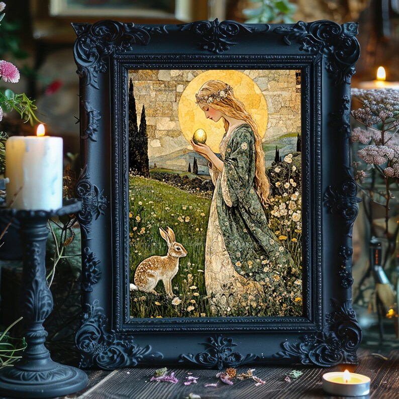 Ostara Goddess Art Print Spring Equinox Pagan Decor Hare Egg Floral ...