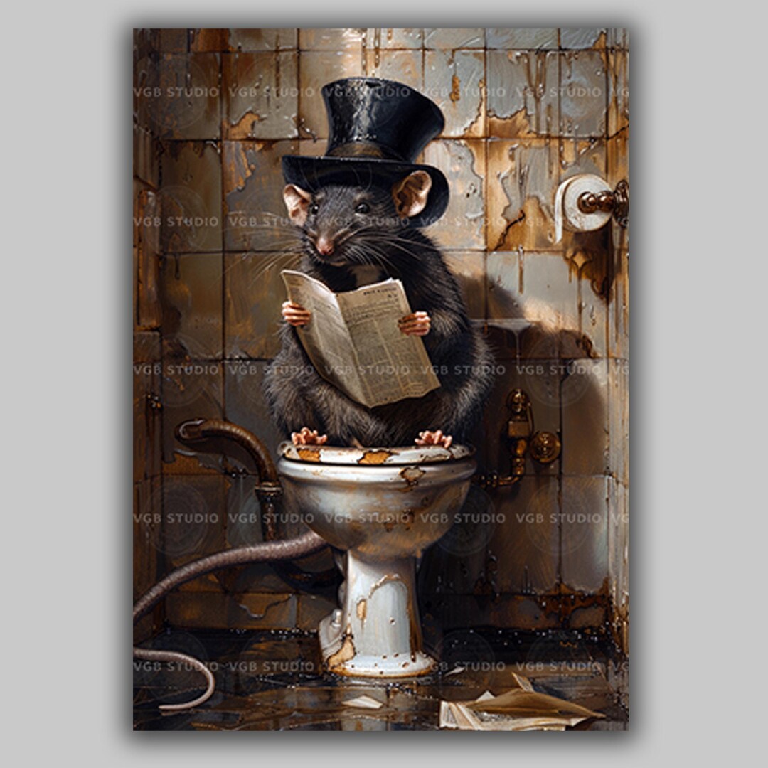 Top Hat Rat Reading Newspaper on Toilet Humorous Whimsical Bathroom ...