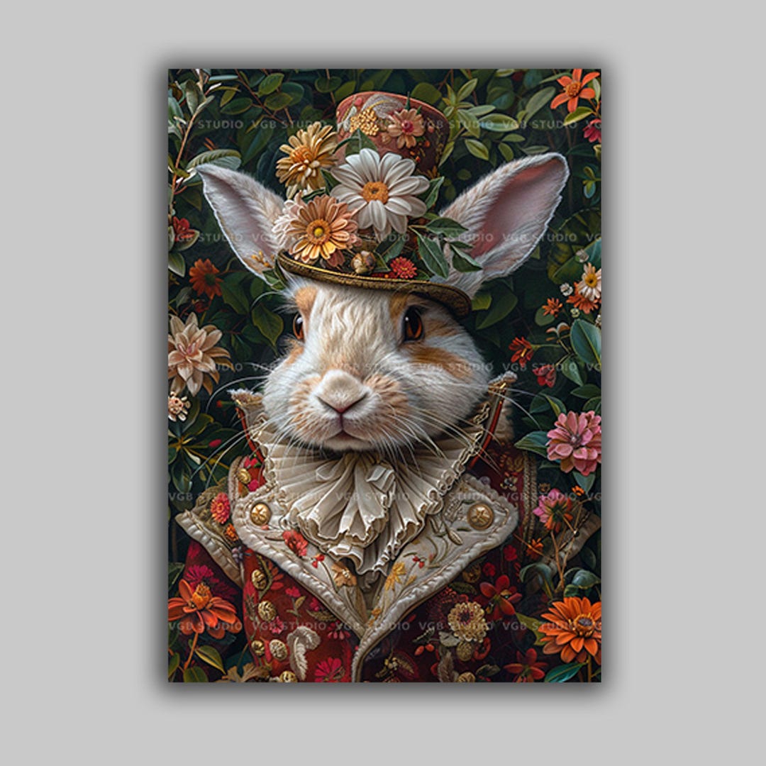Victorian Rabbit Art Print Floral Dandy Bunny Portrait Whimsical Animal ...