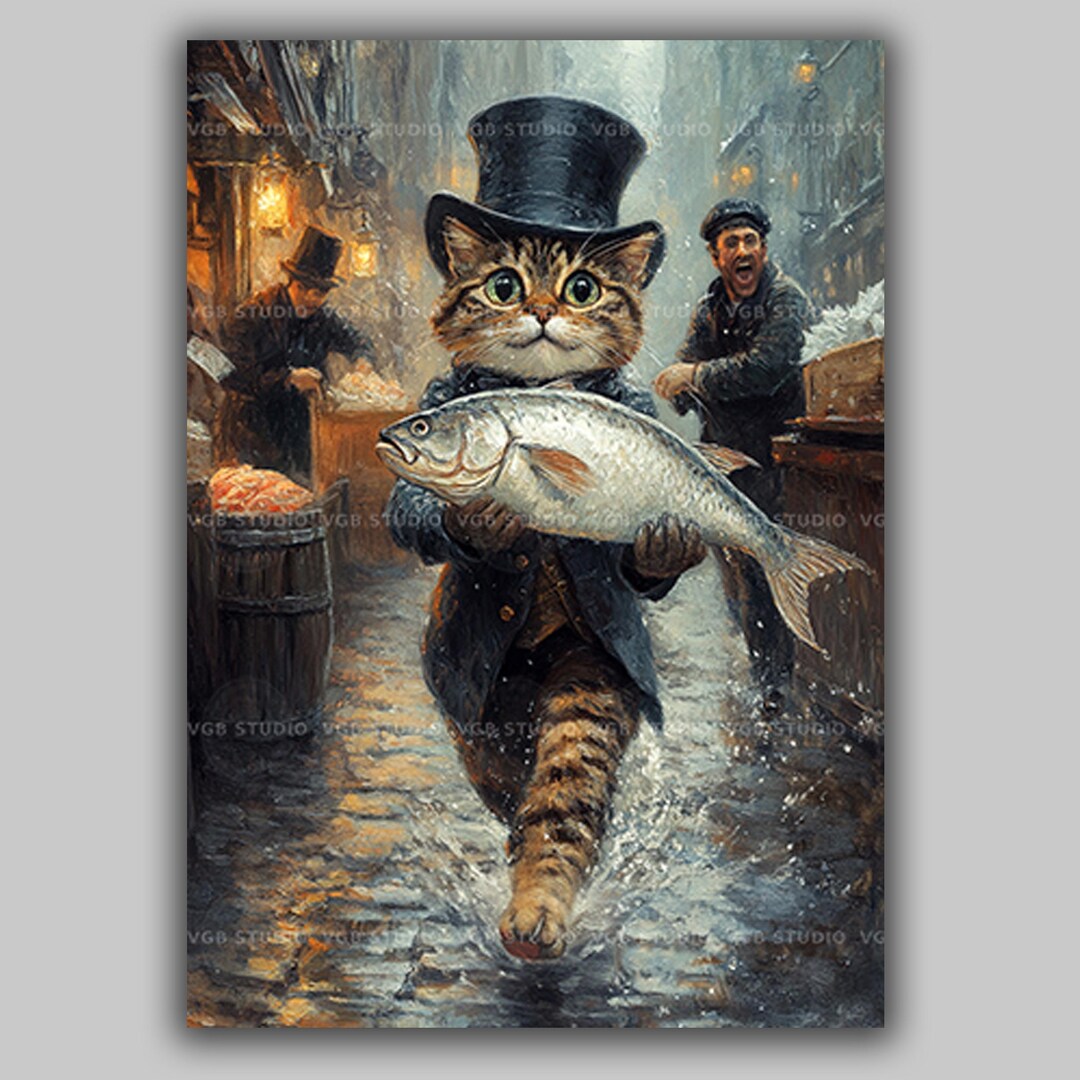 Victorian Cat Stealing Fish Whimsical Animal Print, Mischievous Kitten ...
