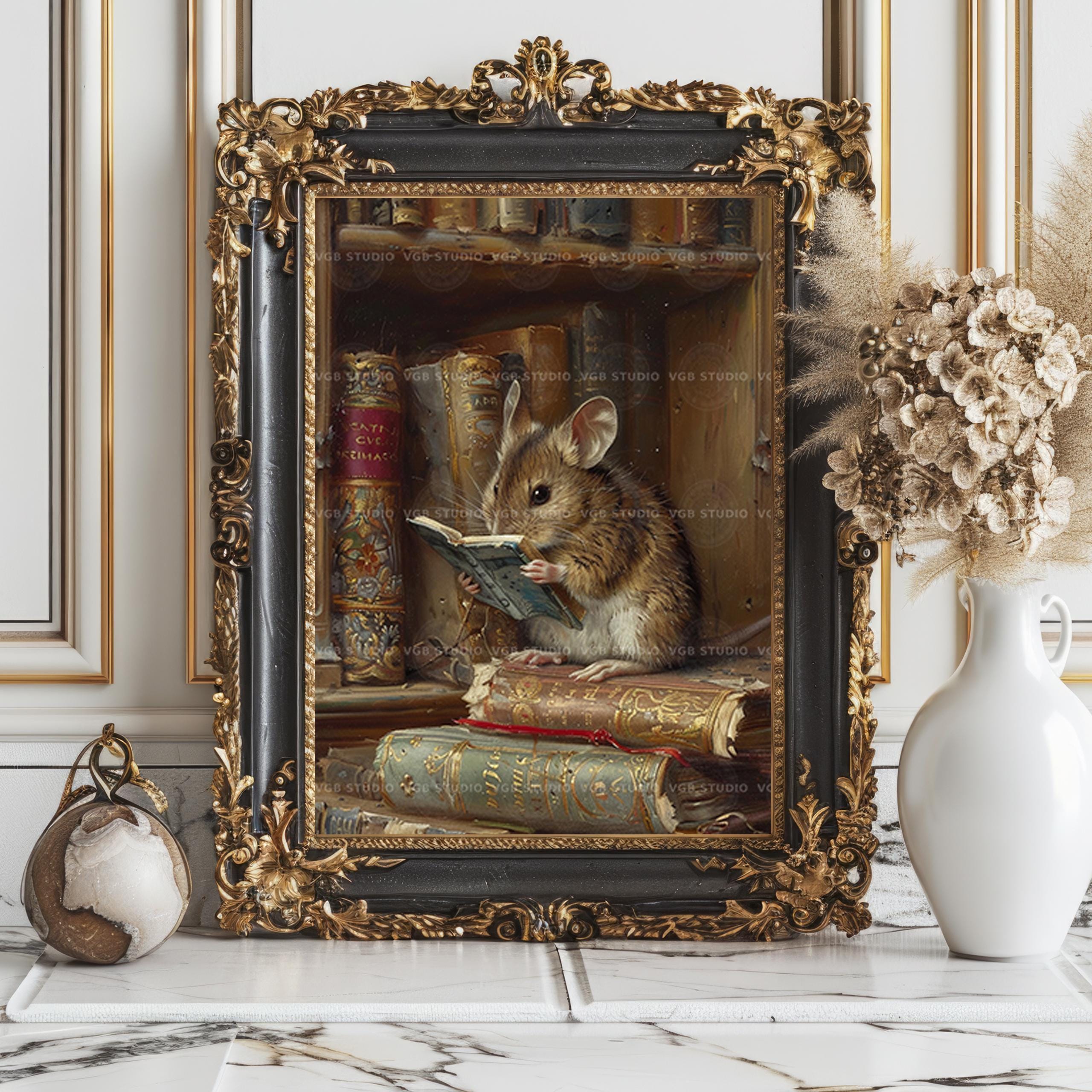Mouse Reading Book Antique Old Library Print, Bookish Animal Whimsical ...
