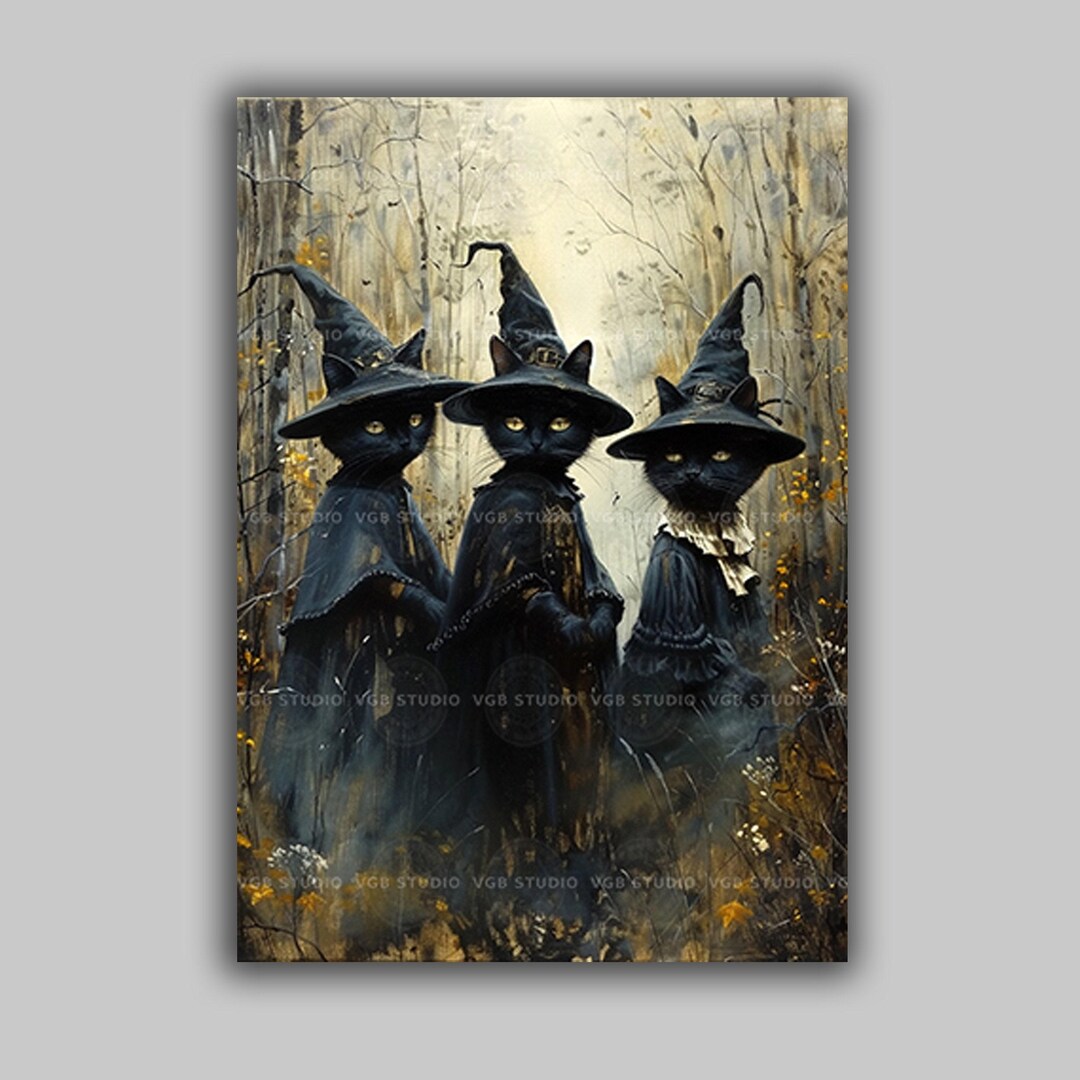 Three Witch Cats Art Print | Black Cats Witch Hats Autumn Forest Gold ...