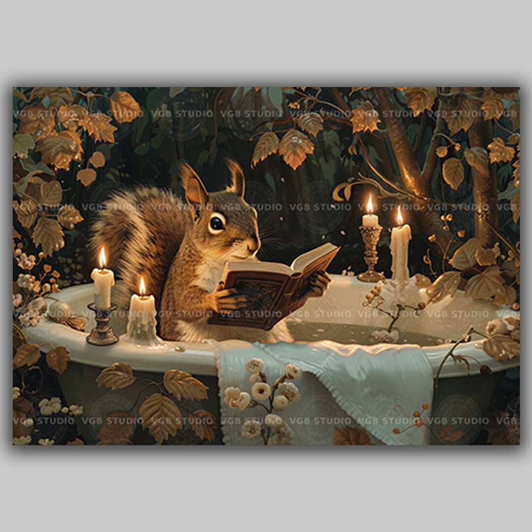 Squirrel Reading Book Bathtub Fantasy Forest, Bathroom Whimsical Fine ...
